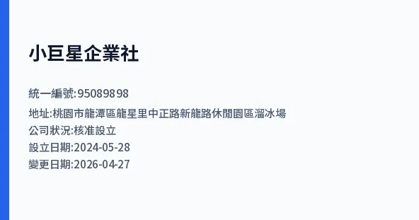 小巨星企業社的照片-統編 95089898(桃園市) 公司登記資料與營業項目詳細圖表
