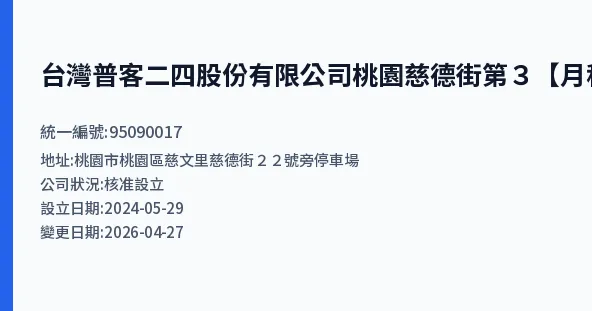 台灣普客二四股份有限公司桃園慈德街第3【月租】停車場的照片-統編 95090017(桃園市) 公司登記資料與營業項目詳細圖表