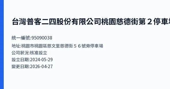 台灣普客二四股份有限公司桃園慈德街第2停車場的照片-統編 95090038(桃園市) 公司登記資料與營業項目詳細圖表