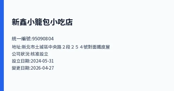 新鑫小籠包小吃店的照片-統編 95090804(新北市) 公司登記資料與營業項目詳細圖表