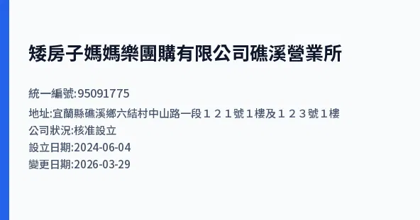 矮房子媽媽樂團購有限公司礁溪營業所的照片-統編 95091775(宜蘭縣) 公司登記資料與營業項目詳細圖表