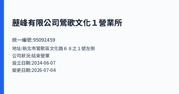 藶峰有限公司鶯歌文化1營業所的照片-統編 95092459(新北市) 公司登記資料與營業項目詳細圖表