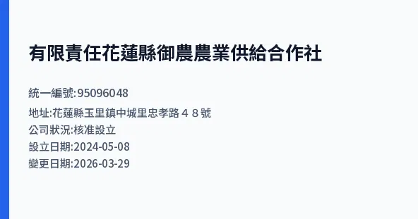 有限責任花蓮縣御農農業供給合作社的照片-統編 95096048(花蓮縣) 公司登記資料與營業項目詳細圖表