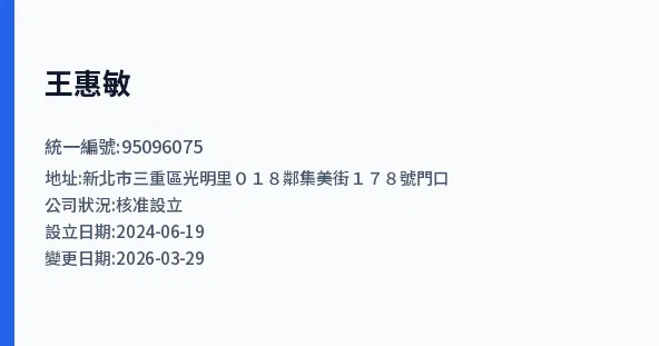 王惠敏的照片-統編 95096075(新北市) 公司登記資料與營業項目詳細圖表