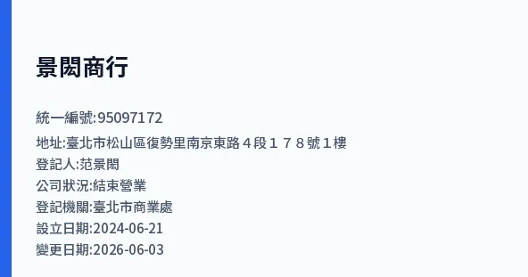 景閎商行的照片-統編 95097172(臺北市) 公司登記資料與營業項目詳細圖表