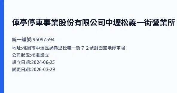 俥亭停車事業股份有限公司中壢松義一街營業所的照片-統編 95097594(桃園市) 公司登記資料與營業項目詳細圖表