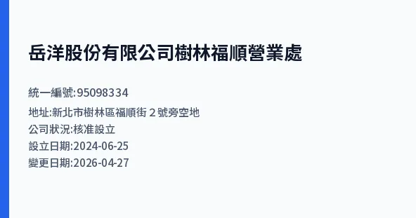 岳洋股份有限公司樹林福順營業處的照片-統編 95098334(新北市) 公司登記資料與營業項目詳細圖表