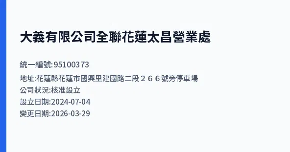 大義有限公司全聯花蓮太昌營業處的照片-統編 95100373(花蓮縣) 公司登記資料與營業項目詳細圖表