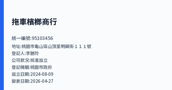 拖車檳榔商行的照片-統編 95103456(桃園市) 公司登記資料與營業項目詳細圖表