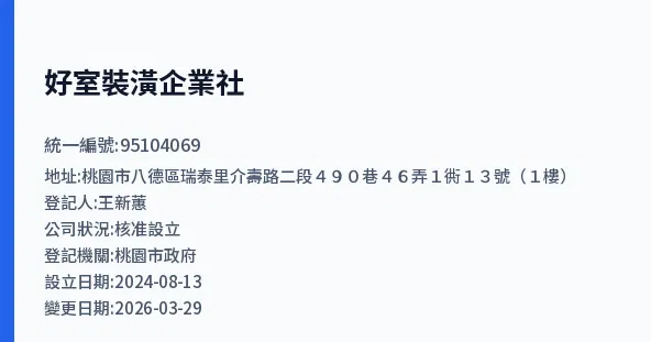 好室裝潢企業社的照片-統編 95104069(桃園市) 公司登記資料與營業項目詳細圖表