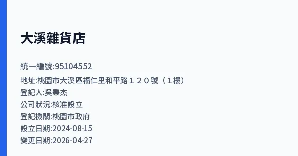 大溪雜貨店的照片-統編 95104552(桃園市) 公司登記資料與營業項目詳細圖表