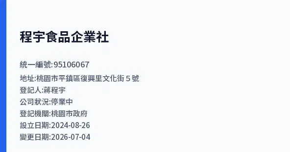 程宇食品企業社的照片-統編 95106067(桃園市) 公司登記資料與營業項目詳細圖表