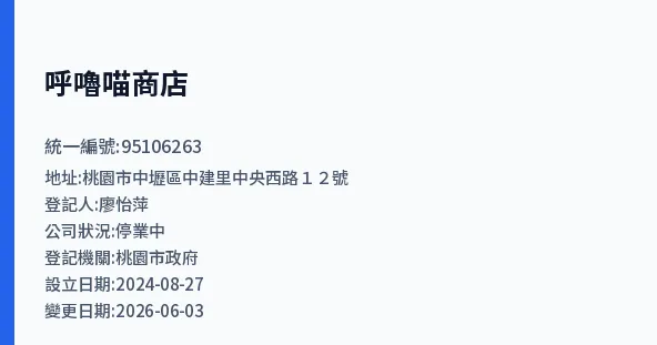 呼嚕喵商店的照片-統編 95106263(桃園市) 公司登記資料與營業項目詳細圖表