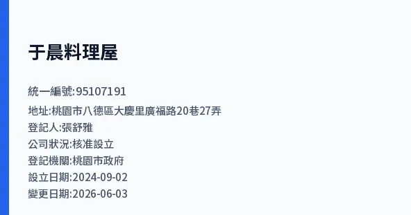 于晨料理屋的照片-統編 95107191(桃園市) 公司登記資料與營業項目詳細圖表