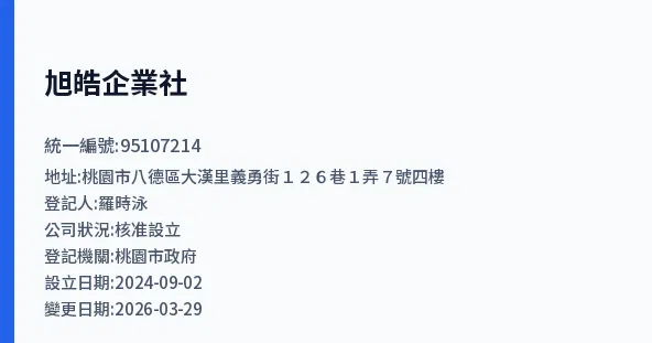 旭皓企業社的照片-統編 95107214(桃園市) 公司登記資料與營業項目詳細圖表