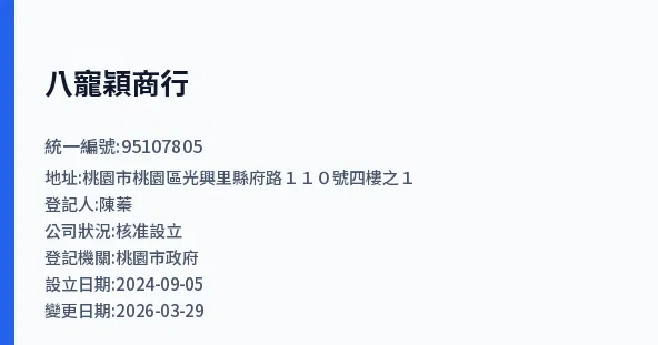 八寵穎商行的照片-統編 95107805(桃園市) 公司登記資料與營業項目詳細圖表