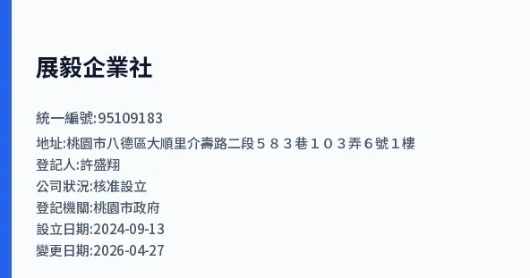 展毅企業社的照片-統編 95109183(桃園市) 公司登記資料與營業項目詳細圖表