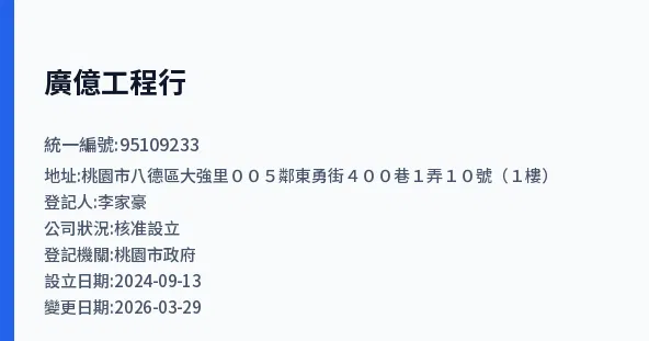 廣億工程行的照片-統編 95109233(桃園市) 公司登記資料與營業項目詳細圖表