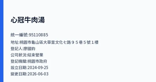 心冠牛肉湯的照片-統編 95110885(桃園市) 公司登記資料與營業項目詳細圖表