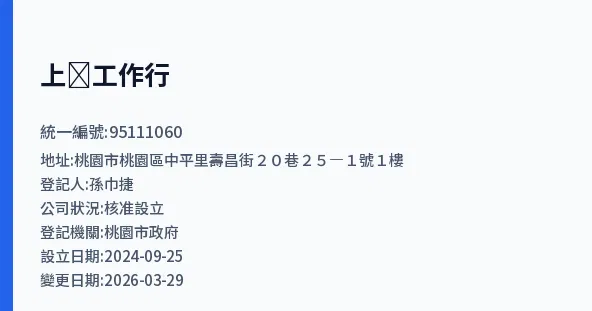 上湌工作行的照片-統編 95111060(桃園市) 公司登記資料與營業項目詳細圖表