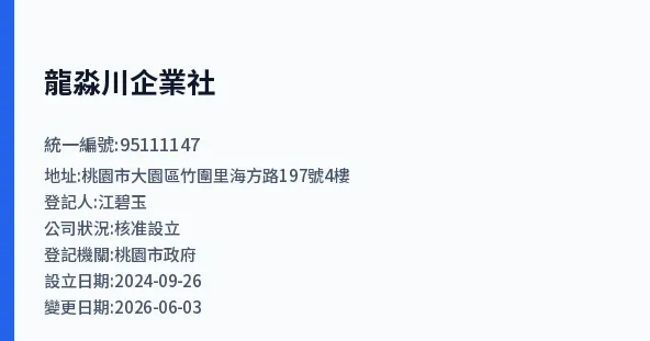 龍淼川企業社的照片-統編 95111147(桃園市) 公司登記資料與營業項目詳細圖表