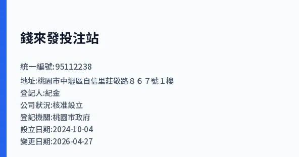錢來發投注站的照片-統編 95112238(桃園市) 公司登記資料與營業項目詳細圖表