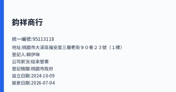 鈞祥商行的照片-統編 95113118(桃園市) 公司登記資料與營業項目詳細圖表