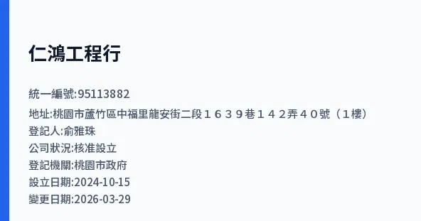 仁鴻工程行的照片-統編 95113882(桃園市) 公司登記資料與營業項目詳細圖表