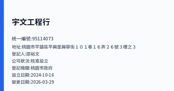 宇文工程行的照片-統編 95114073(桃園市) 公司登記資料與營業項目詳細圖表