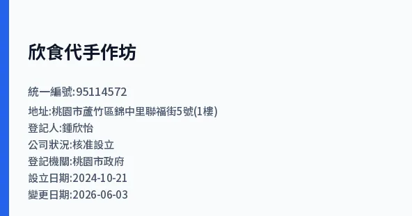 欣食代手作坊的照片-統編 95114572(桃園市) 公司登記資料與營業項目詳細圖表