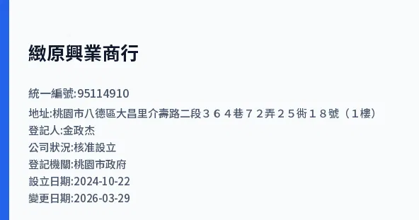 緻原興業商行的照片-統編 95114910(桃園市) 公司登記資料與營業項目詳細圖表