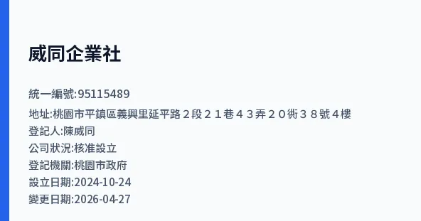 威同企業社的照片-統編 95115489(桃園市) 公司登記資料與營業項目詳細圖表