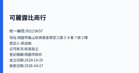 可麗露比商行的照片-統編 95115657(桃園市) 公司登記資料與營業項目詳細圖表
