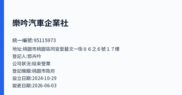 樂吟汽車企業社的照片-統編 95115973(桃園市) 公司登記資料與營業項目詳細圖表