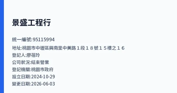 景盛工程行的照片-統編 95115994(桃園市) 公司登記資料與營業項目詳細圖表