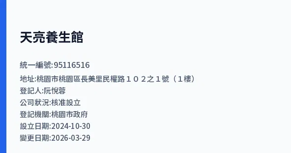 天亮養生館的照片-統編 95116516(桃園市) 公司登記資料與營業項目詳細圖表