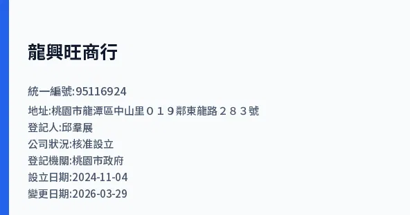 龍興旺商行的照片-統編 95116924(桃園市) 公司登記資料與營業項目詳細圖表