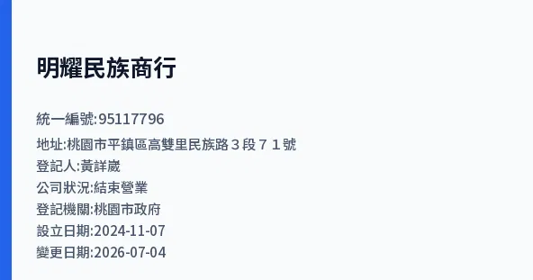 明耀民族商行的照片-統編 95117796(桃園市) 公司登記資料與營業項目詳細圖表