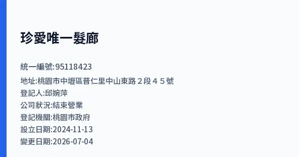 珍愛唯一髮廊的照片-統編 95118423(桃園市) 公司登記資料與營業項目詳細圖表