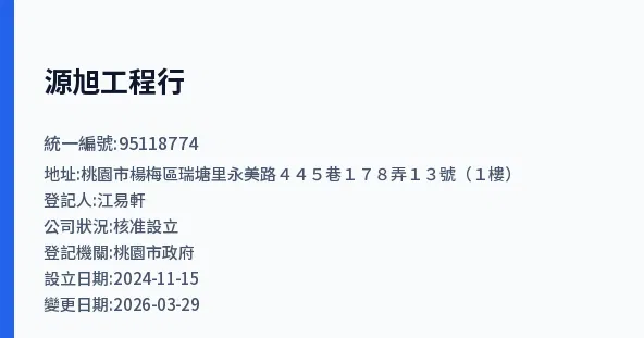 源旭工程行的照片-統編 95118774(桃園市) 公司登記資料與營業項目詳細圖表