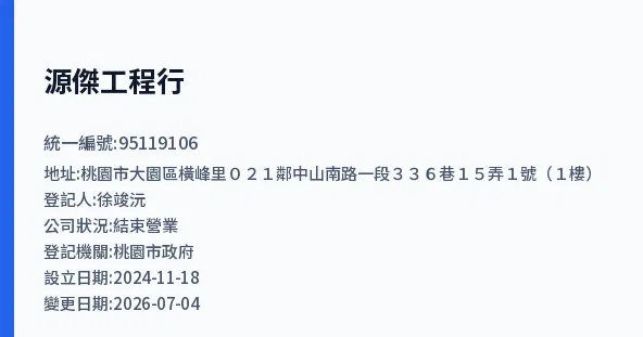 源傑工程行的照片-統編 95119106(桃園市) 公司登記資料與營業項目詳細圖表