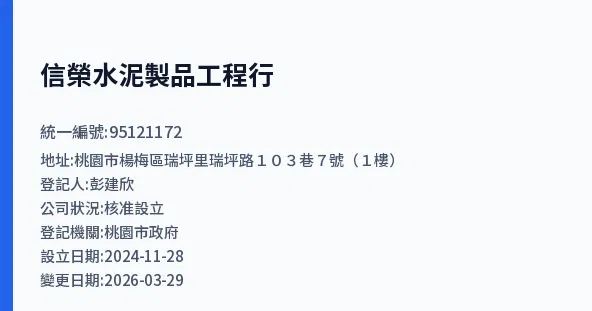 信榮水泥製品工程行的照片-統編 95121172(桃園市) 公司登記資料與營業項目詳細圖表