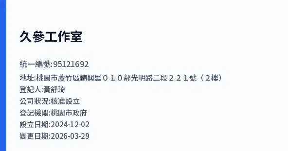 久參工作室的照片-統編 95121692(桃園市) 公司登記資料與營業項目詳細圖表