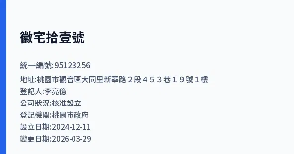 徽宅拾壹號的照片-統編 95123256(桃園市) 公司登記資料與營業項目詳細圖表