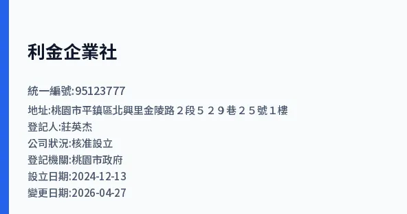 利金企業社的照片-統編 95123777(桃園市) 公司登記資料與營業項目詳細圖表