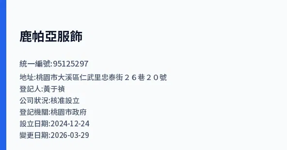 鹿帕亞服飾的照片-統編 95125297(桃園市) 公司登記資料與營業項目詳細圖表