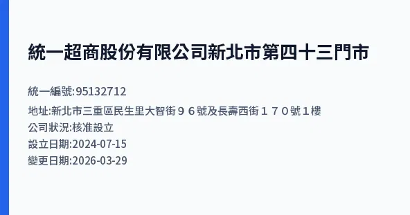 統一超商股份有限公司新北市第四十三門市的照片-統編 95132712(新北市) 公司登記資料與營業項目詳細圖表
