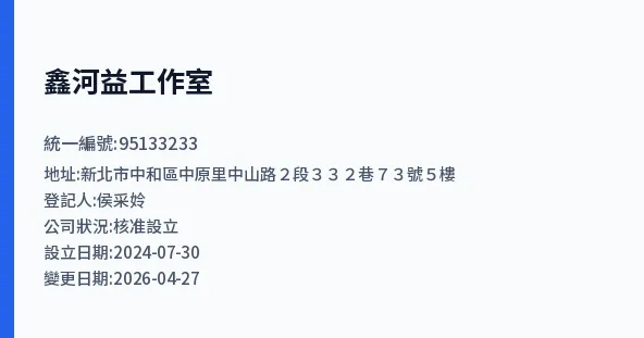 鑫河益工作室的照片-統編 95133233(新北市) 公司登記資料與營業項目詳細圖表