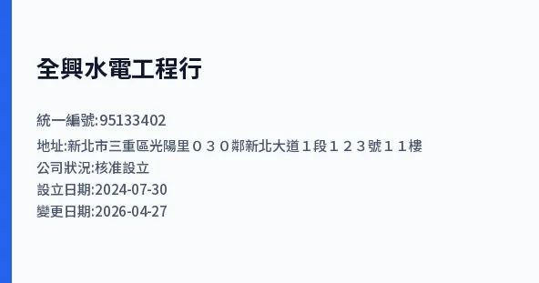 全興水電工程行的照片-統編 95133402(新北市) 公司登記資料與營業項目詳細圖表