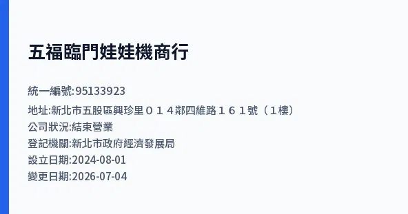 五福臨門娃娃機商行的照片-統編 95133923(新北市) 公司登記資料與營業項目詳細圖表